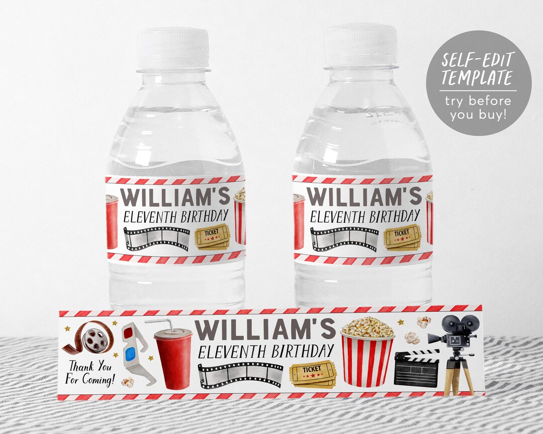 Movie Night Party Water Bottle Labels Editable Template, Unisex ...
