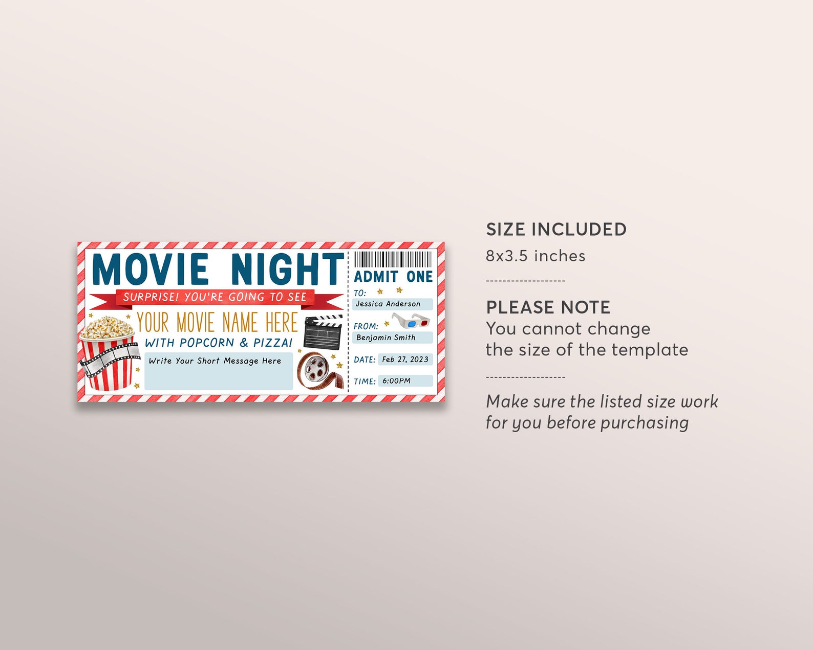 Surprise Movie Night Ticket Editable Template, Movie Gift Certificate ...