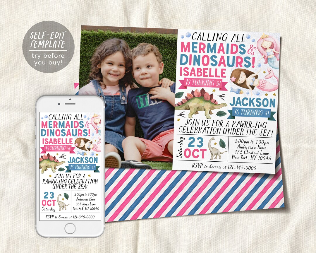 Mermaid and Dinosaur Joint Siblings Birthday Invitation With Photo ...