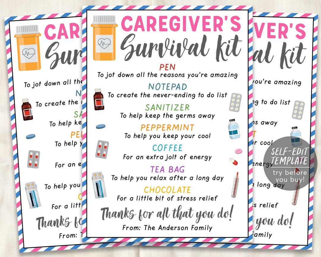 Caregiver Survival Kit Gift Tags Editable Template, Healthcare Worker ...