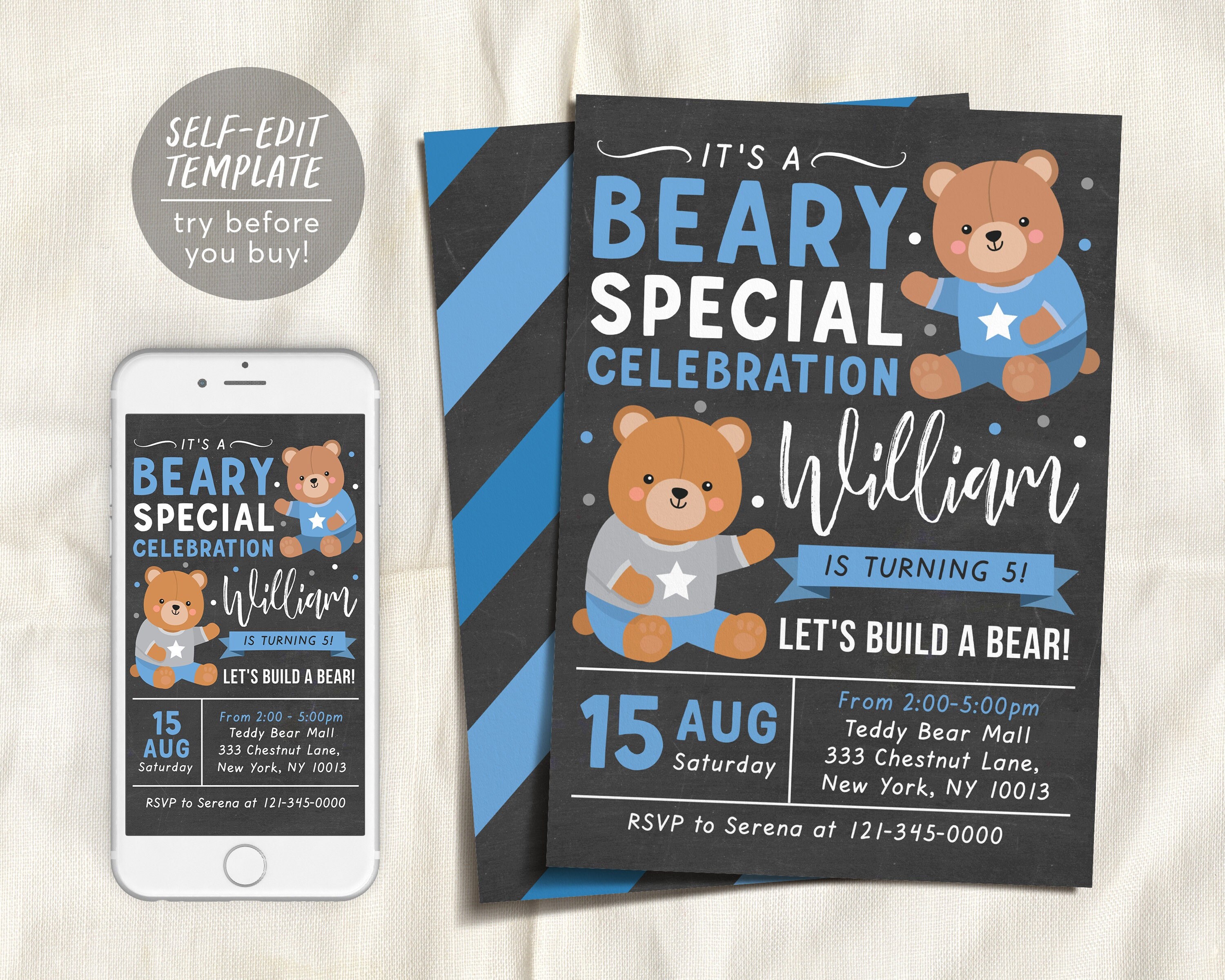 Teddy Bear BOY Birthday Invitation Editable Template Build A - Etsy