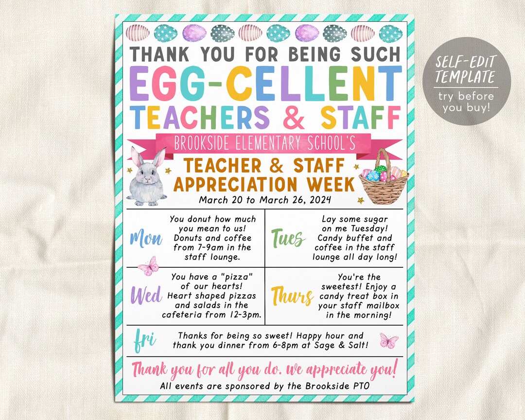 Easter Theme Teacher Staff Appreciation Week Itinerary Flyer Editable ...