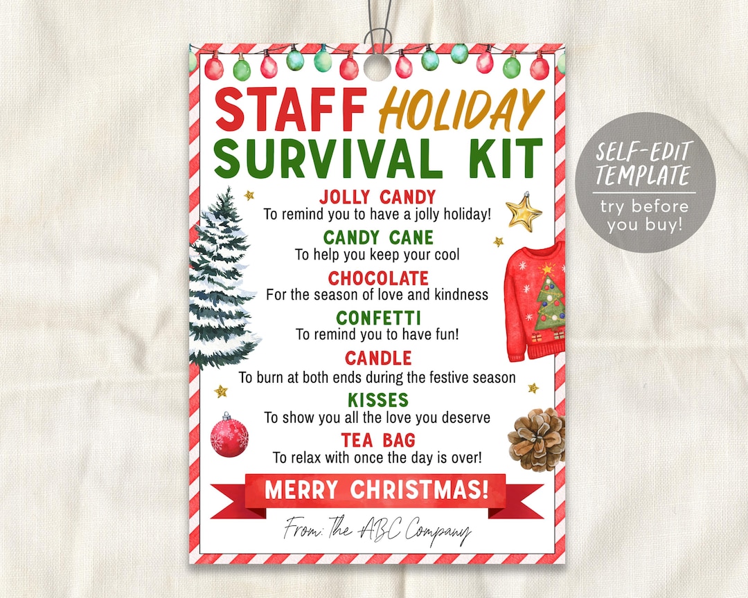 Holiday Staff Survival Kit Tag Editable Template, Employee Christmas ...