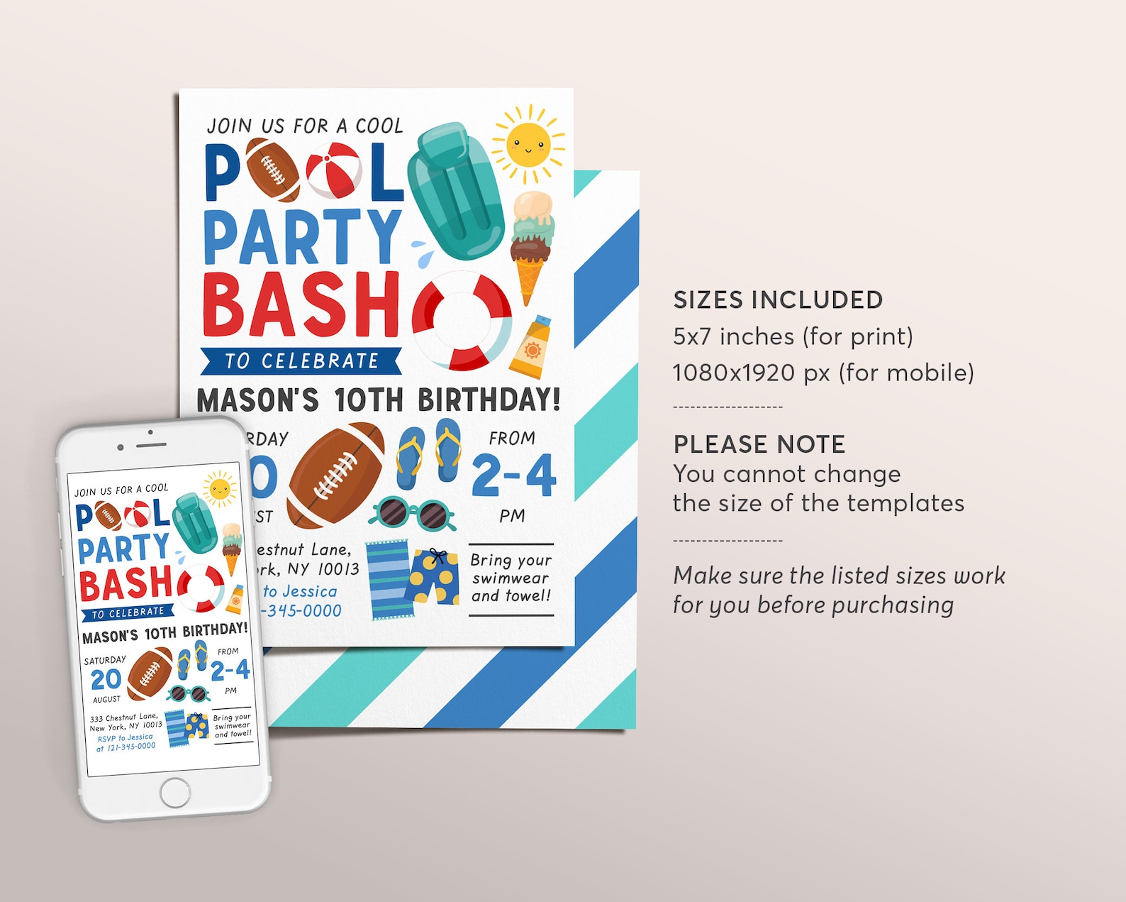 Football Pool Party Invitation Editable Template, Sports Boys Summer ...
