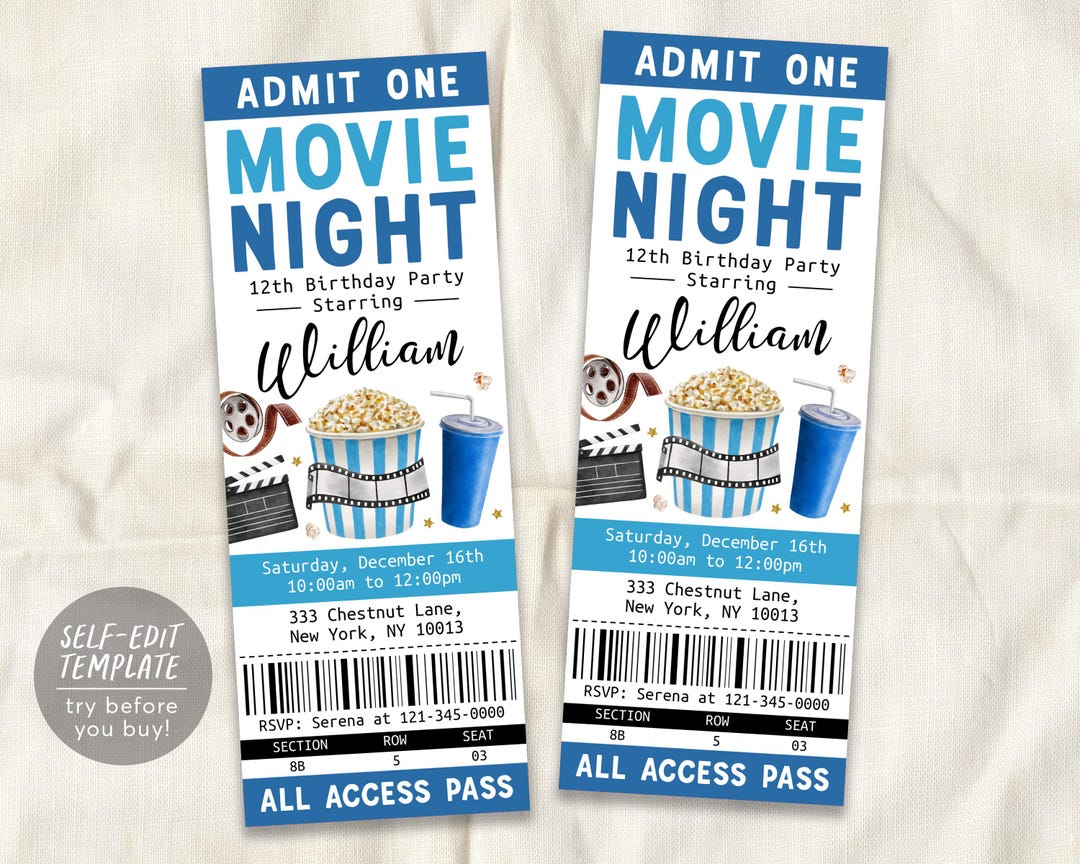 Movie Birthday Ticket Invitation Editable Template, Boy Cinema Movie ...