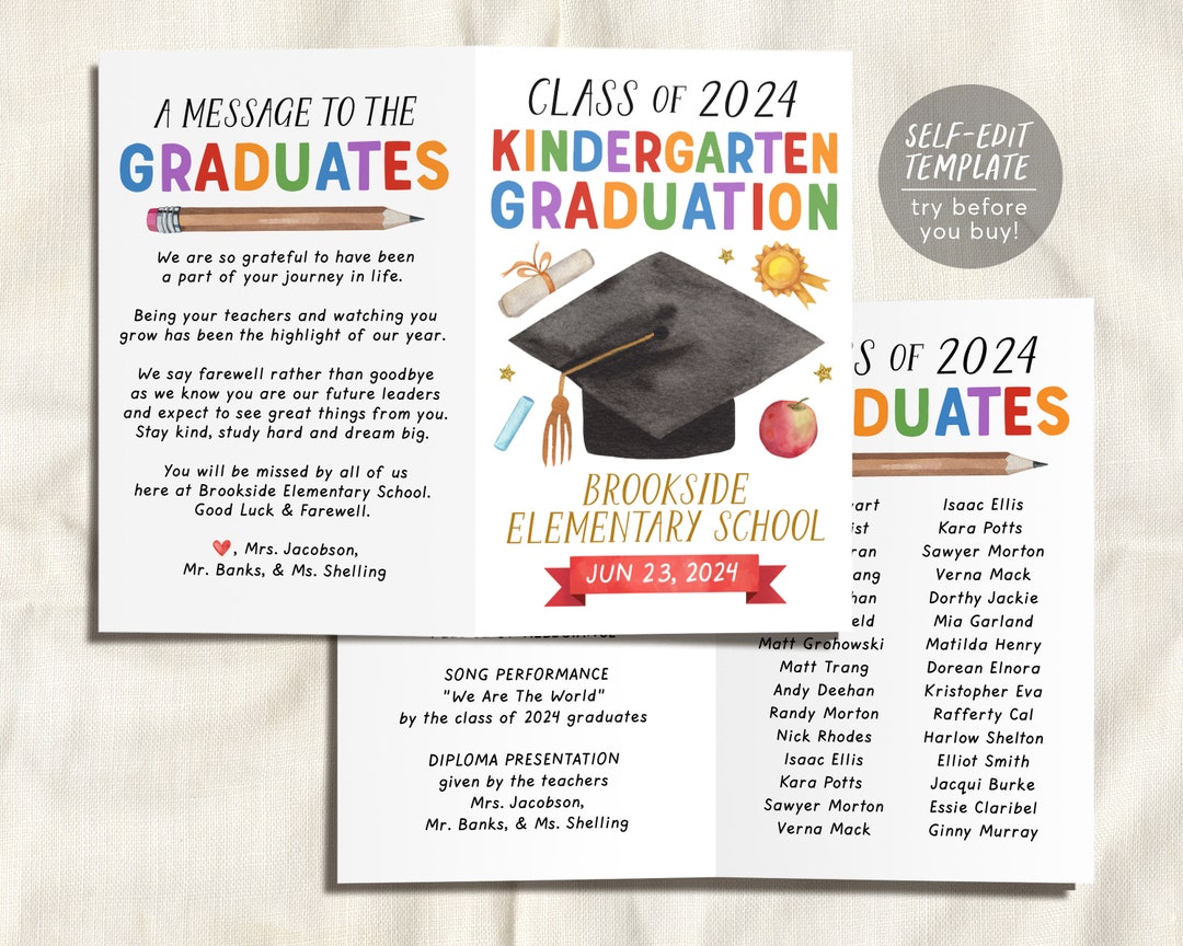 Kindergarten Graduation Program Editable Template, Pre-k Preschool ...