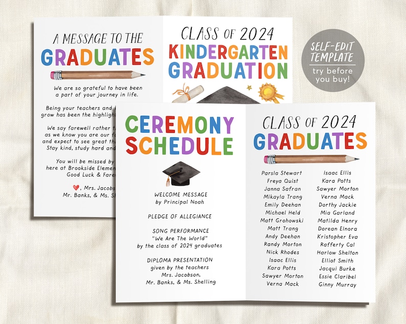 Kindergarten Graduation Program Editable Template, Pre-k Preschool ...