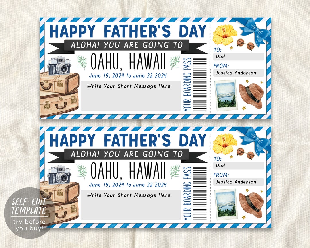 Fathers Day Hawaii Plane Ticket Boarding Pass Editable Template ...