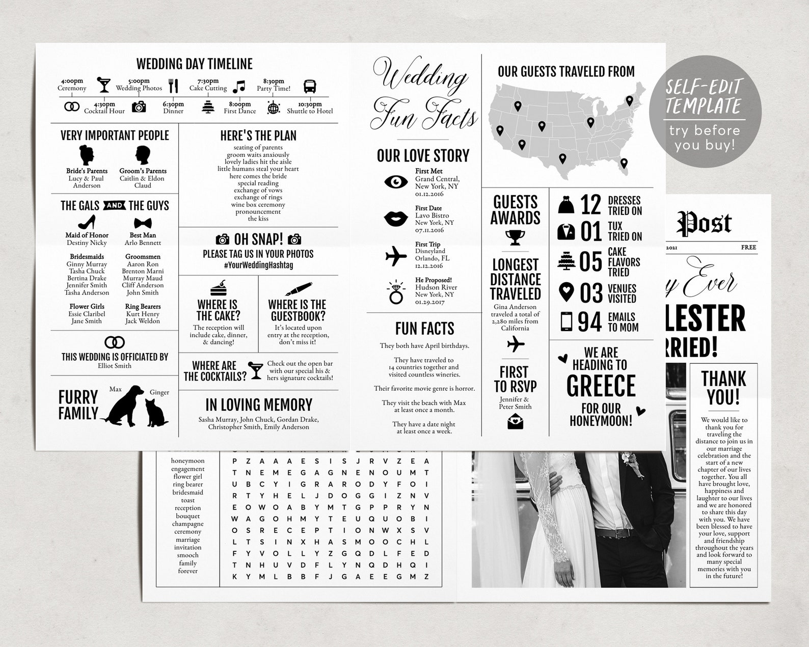 Large Newspaper Wedding Program Template, Folded Modern Reception ...