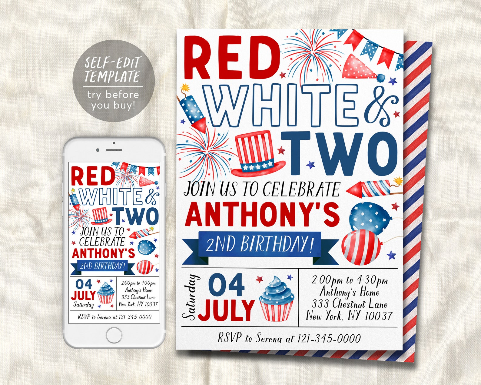 4th of July 2nd Birthday Invitation Editable Template, Red White and ...