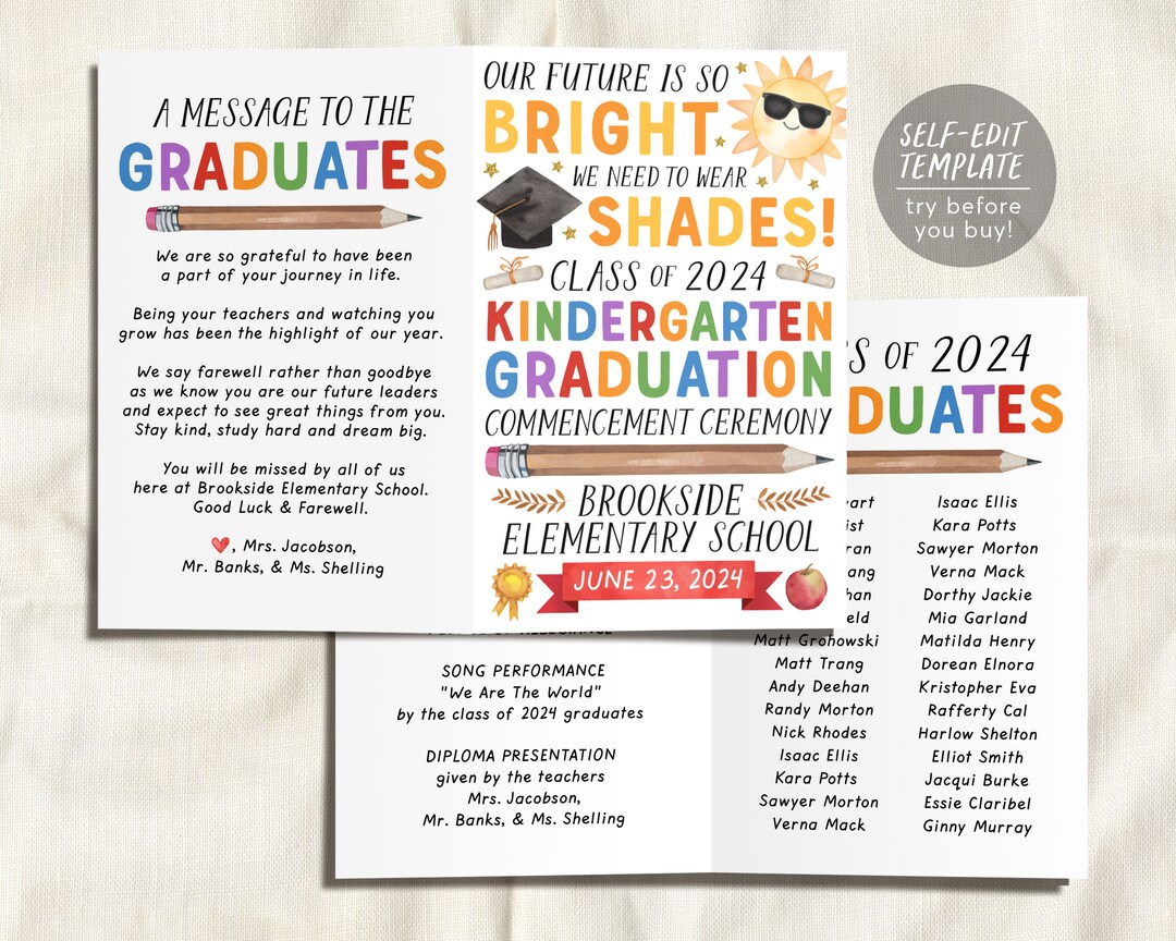 Kindergarten Graduation Program Editable Template, Pre-k Preschool ...