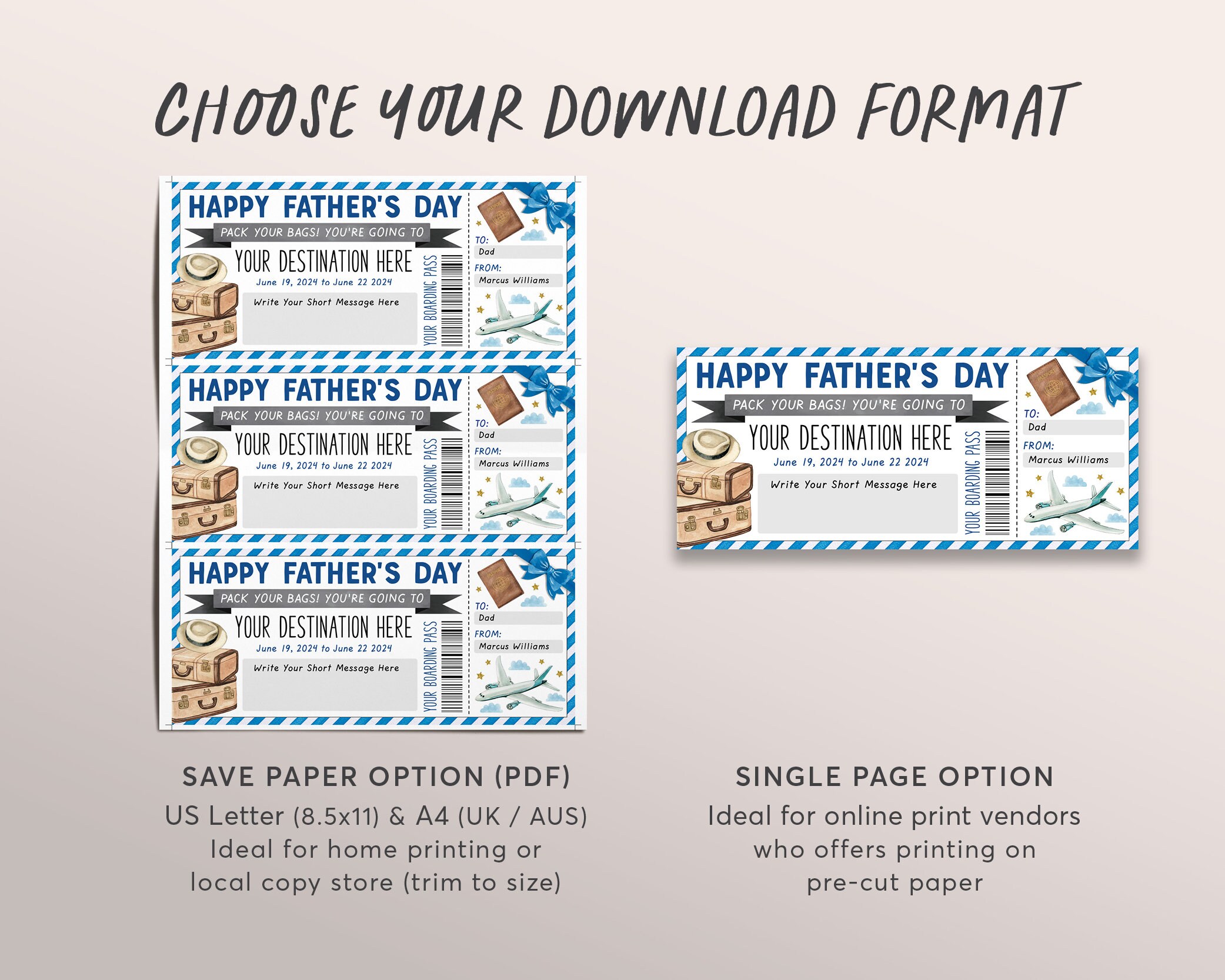 Fathers Day Surprise Boarding Pass Editable Template, Vacation Travel ...