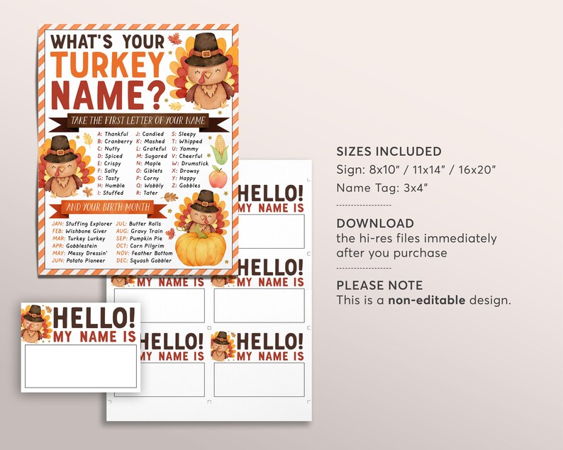 What's Your Turkey Name Game, Thanksgiving Dinner Game Activity With ...
