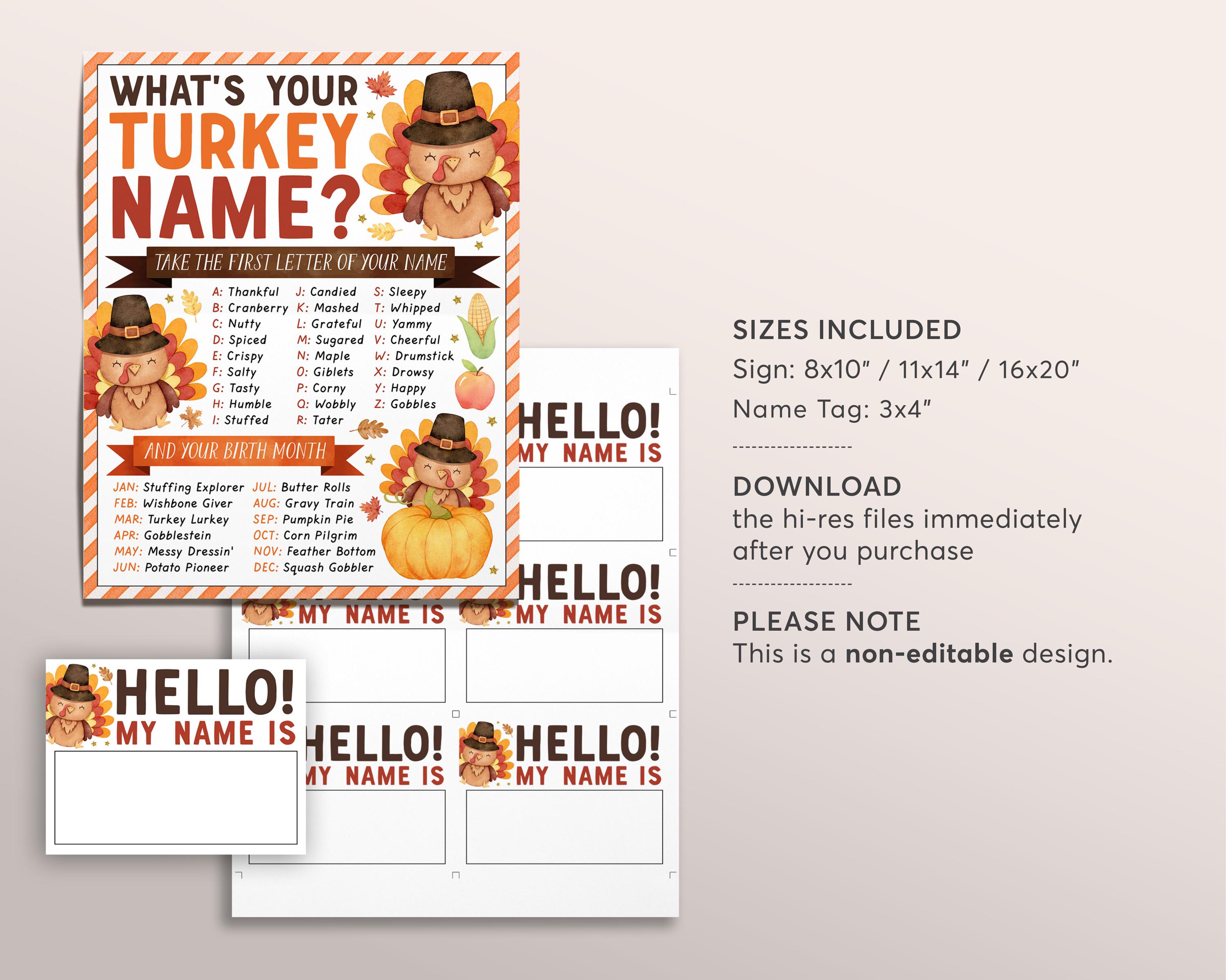 What's Your Turkey Name Game, Thanksgiving Dinner Game Activity With ...