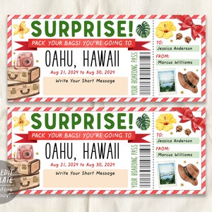 Hawaii Plane Ticket Boarding Pass Editable Template, Surprise Trip to ...