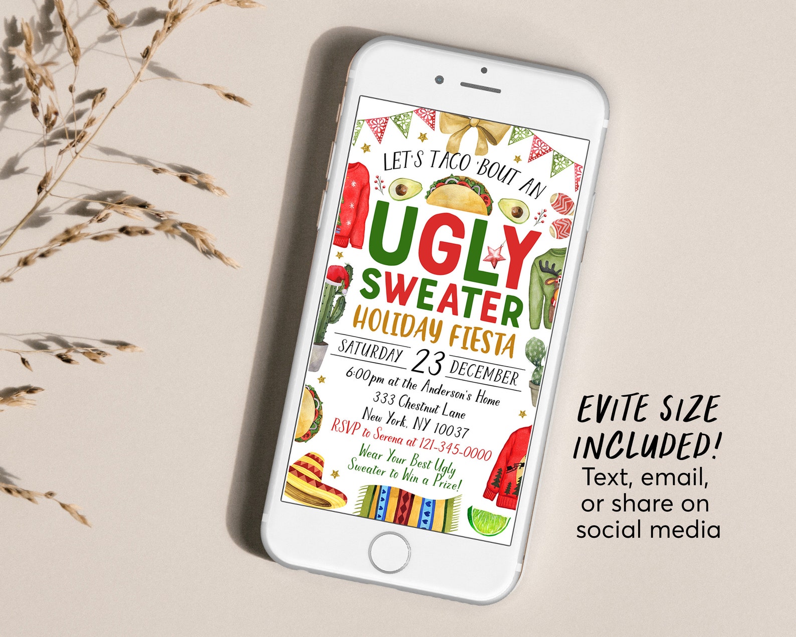 Ugly Sweater Fiesta Christmas Invitation Editable Template, Taco 'bout ...