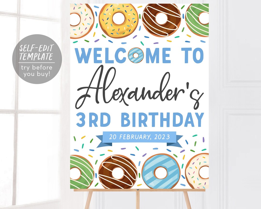Donut Welcome Sign Boy Birthday Party Editable Template, Doughnut ...