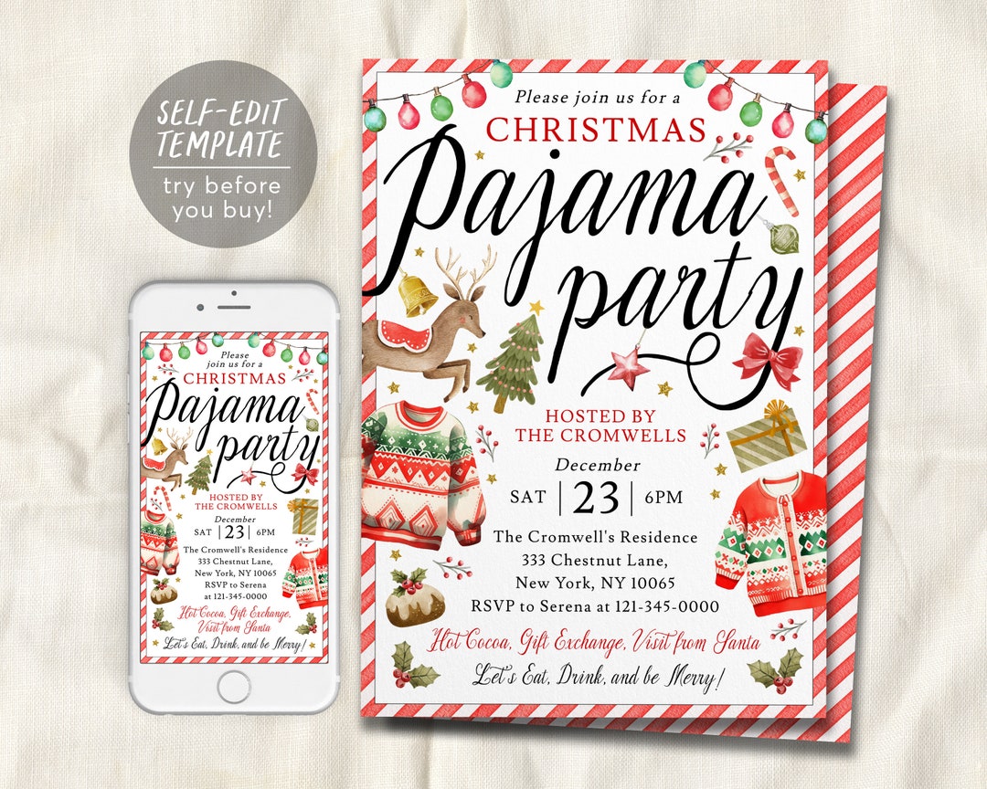 Christmas Pajama Party Invitation Editable Template, Holiday PJ Slumber ...