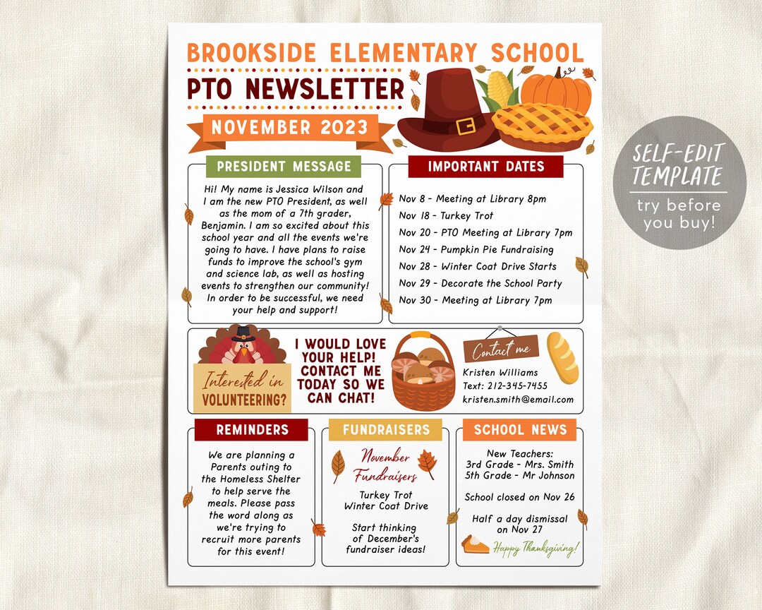 November PTO PTA Newsletter Flyer Editable Template, Back to School ...
