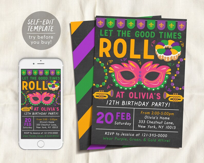 Mardi Gras Birthday Invitation Editable Template, Let the Good Times ...