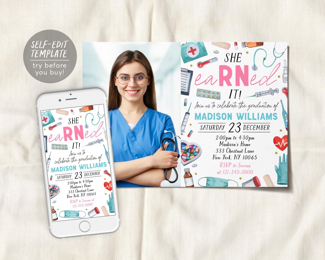Nurse Graduation Invitation With Photo Editable Template, She Earned It ...