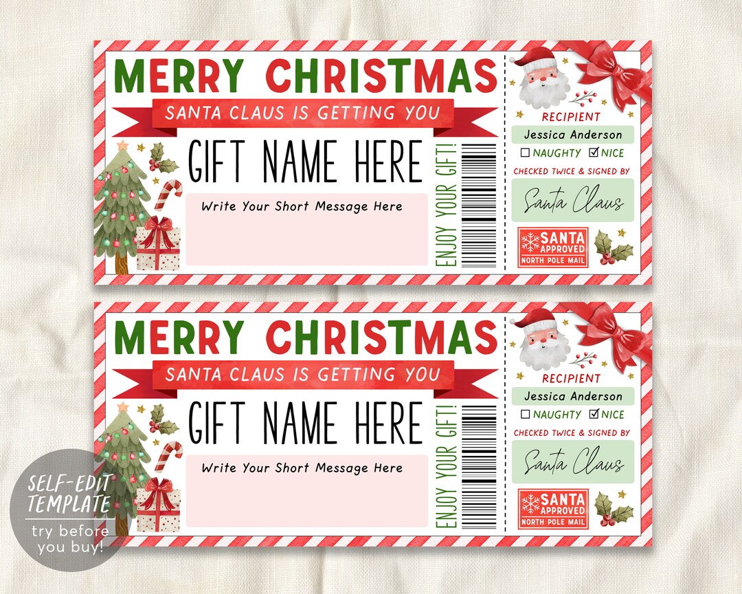 Christmas Santa Gift Voucher Editable Template, Santa Gift Ticket for ...