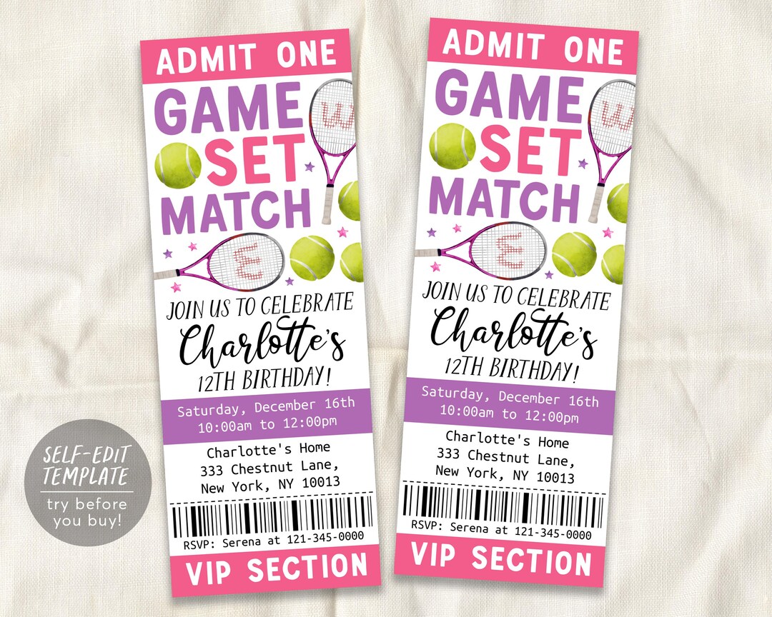 Tennis Birthday Ticket Invitation Editable Template, Girl Tennis Ball ...