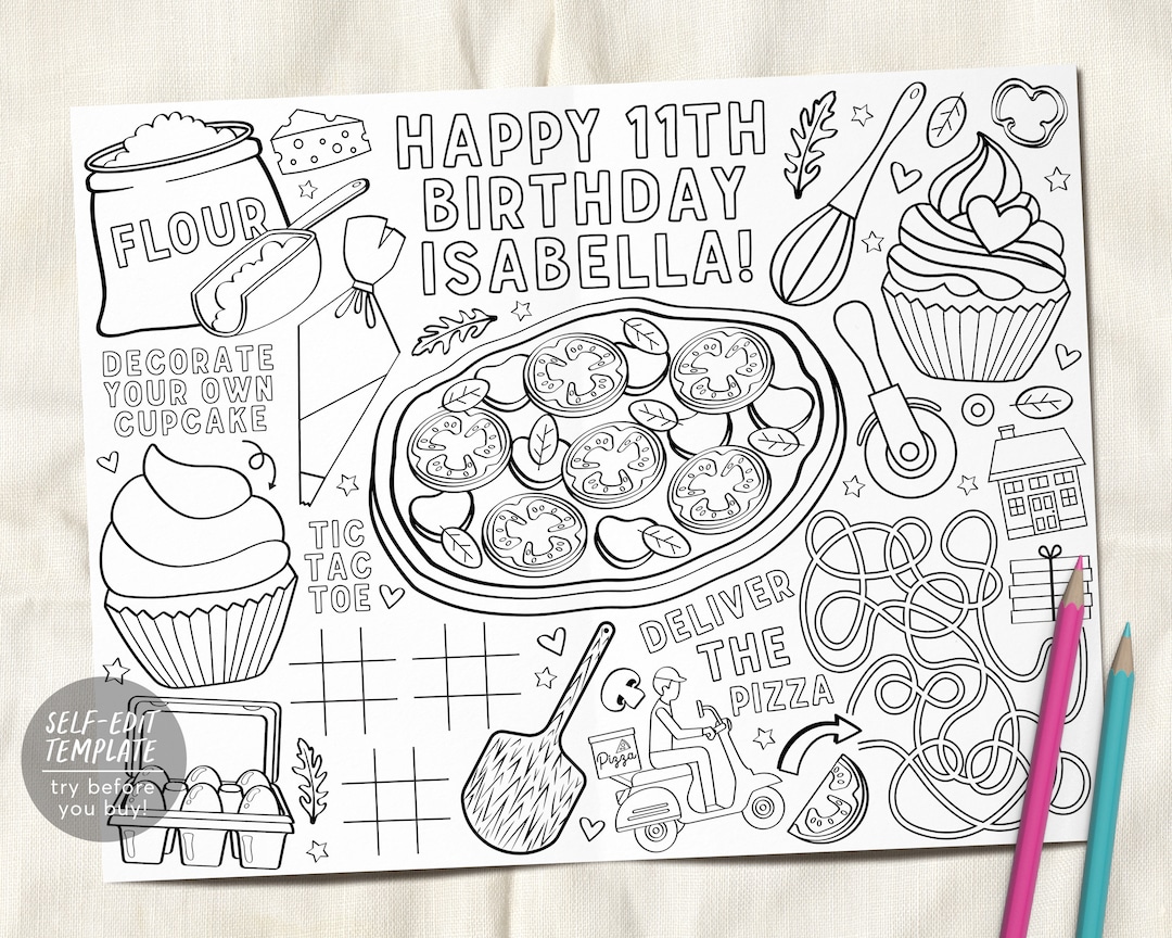 Pizza and Cupcakes Birthday Party Placemat Editable Template, Chef ...