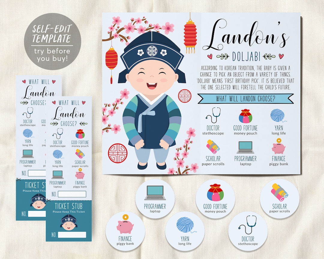 Boy Doljabi Board Sign Editable Template, Doljanchi Korean Baby Boy ...