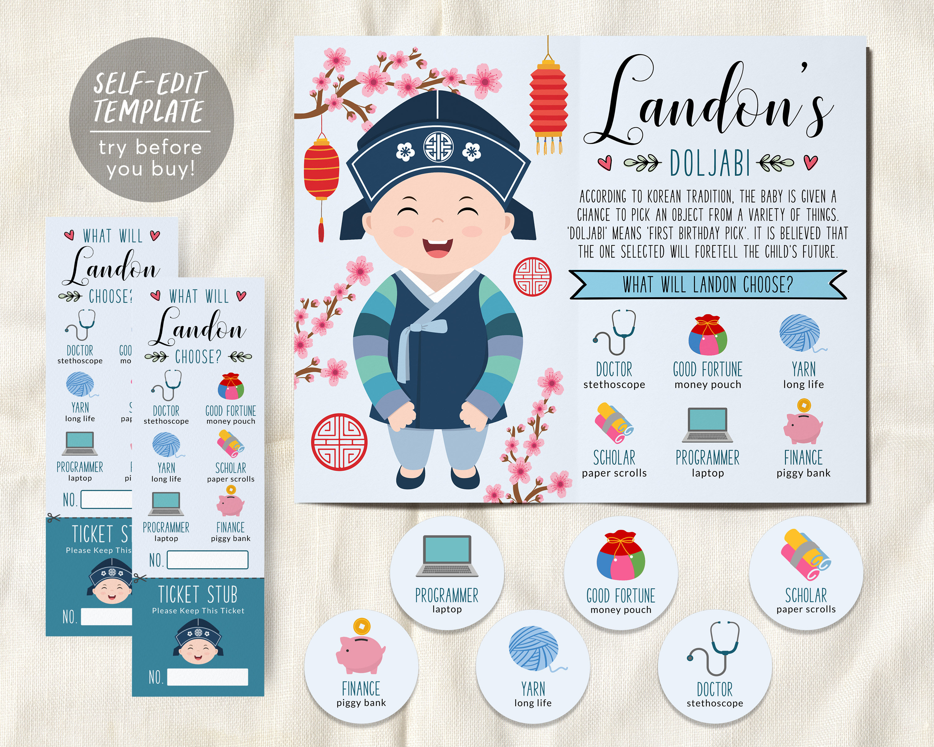 Boy Doljabi Board Sign Editable Template, Doljanchi Korean Baby Boy ...