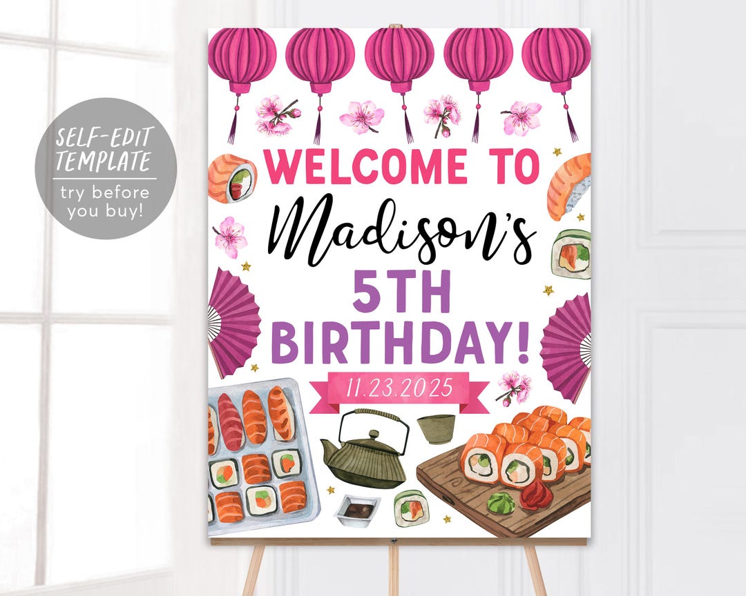 Sushi Birthday Welcome Sign Editable Template, Japanese Restaurant ...