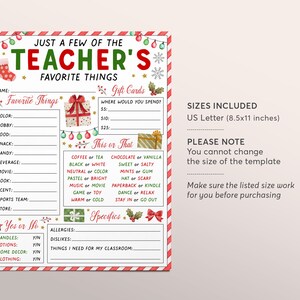 A Few of My Favorite Things Teacher's Questionnaire Editable Template ...