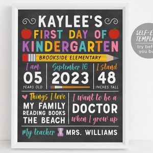 First Day of Kindergarten Sign Girl Editable Template, Chalkboard Back ...