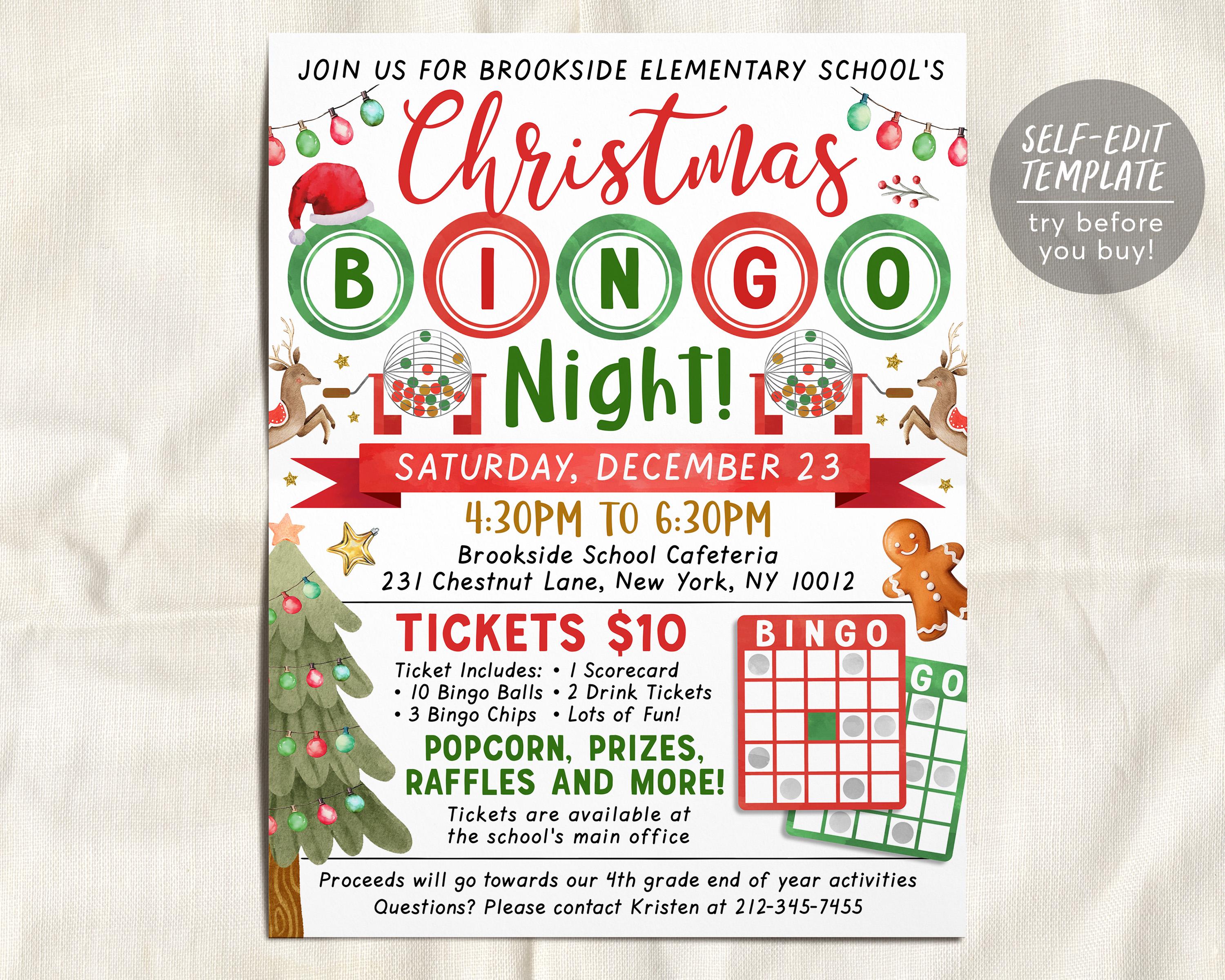 Christmas Bingo Night Fundraiser Flyer Editable Template, Holiday Bingo ...