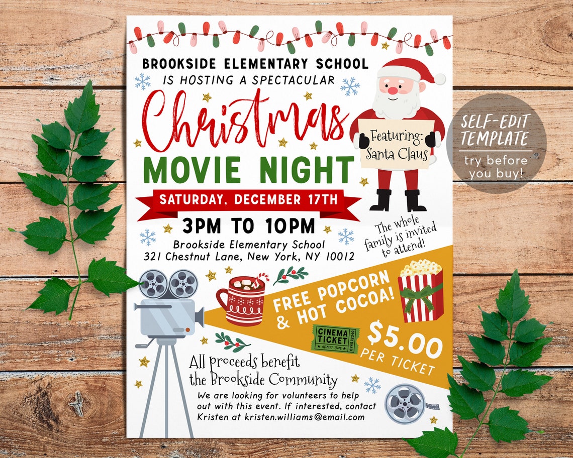 Christmas Movie Night Flyer Editable Template Holiday Cinema - Etsy