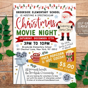 Christmas Movie Night Flyer Editable Template, Holiday Cinema Party ...