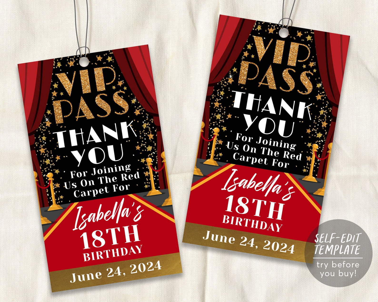 VIP Pass Birthday Party Thank You Tags Editable Template, Hollywood Red ...