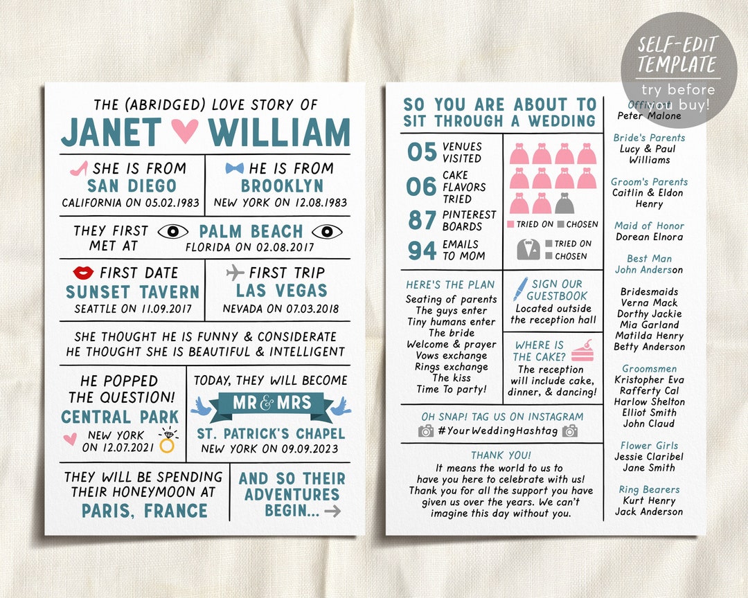 Infographic Wedding Program Editable Template, Fun Wedding Reception ...