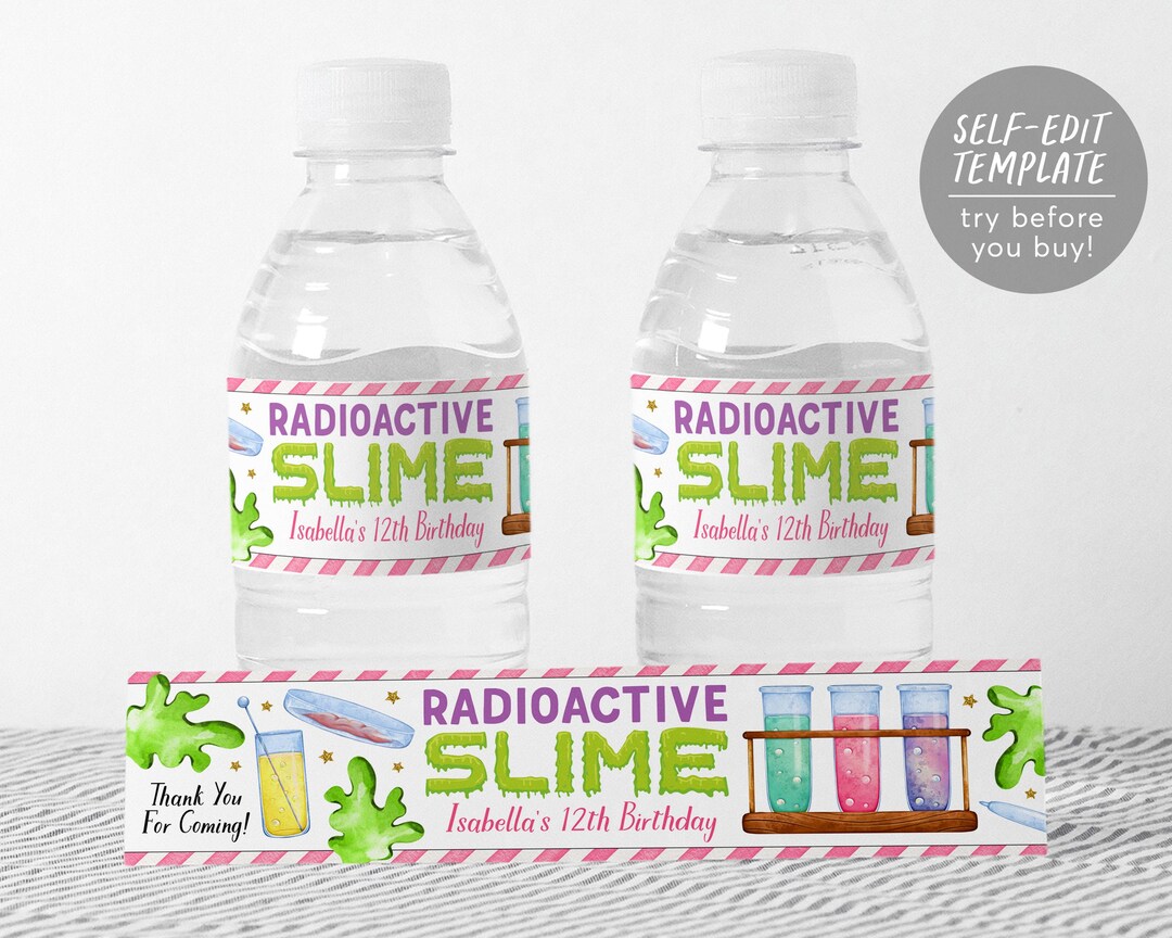 Science Slime Water Bottle Labels Editable Template, Girl Radioactive ...
