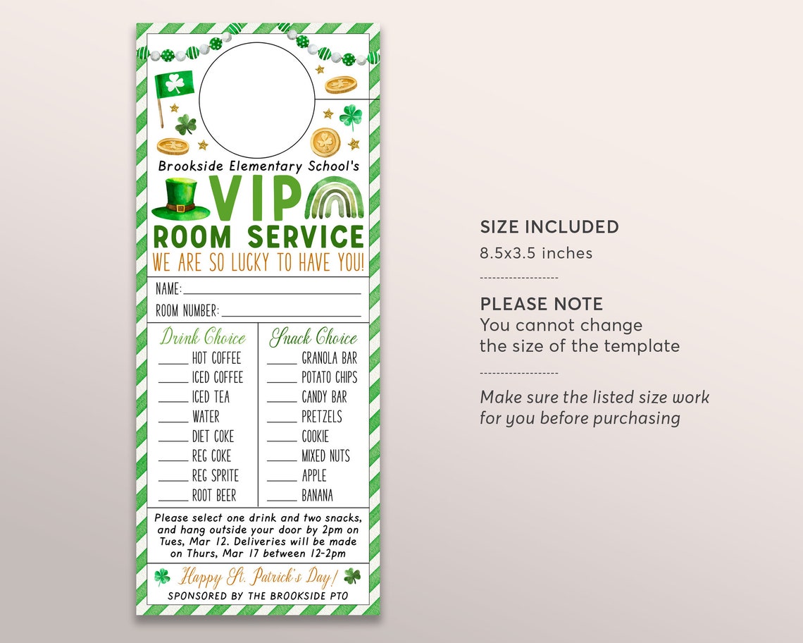 St Patricks Day VIP Room Service Door Hanger Editable Template, Saint ...