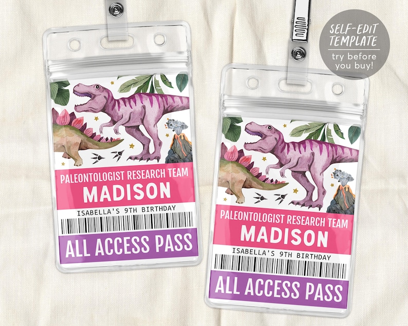Dinosaur Party ID Badge VIP Pass Editable Template, Girl Paleontologist ...