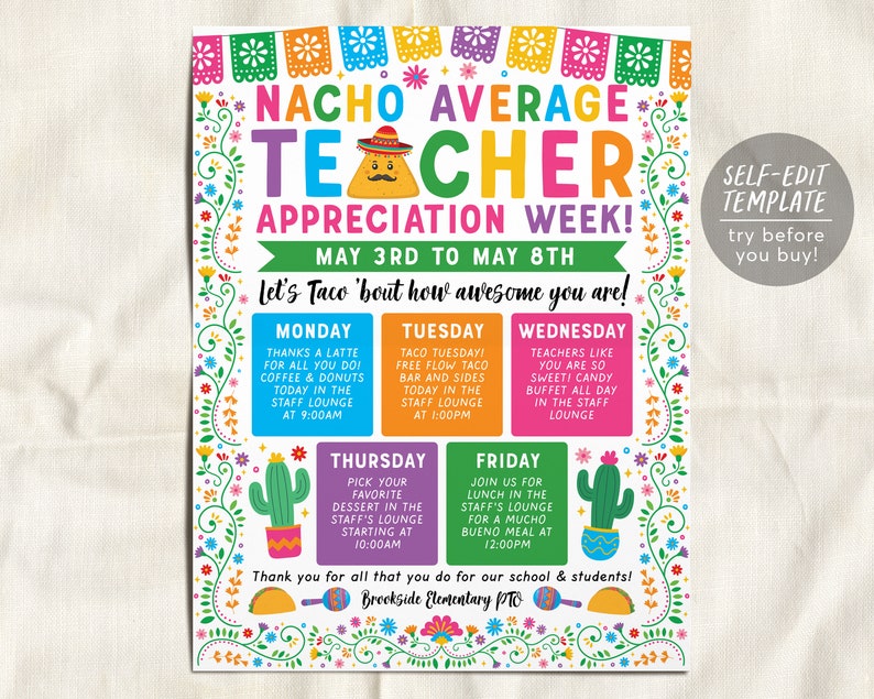 Nacho Average Teacher Appreciation Week Schedule Editable Template ...