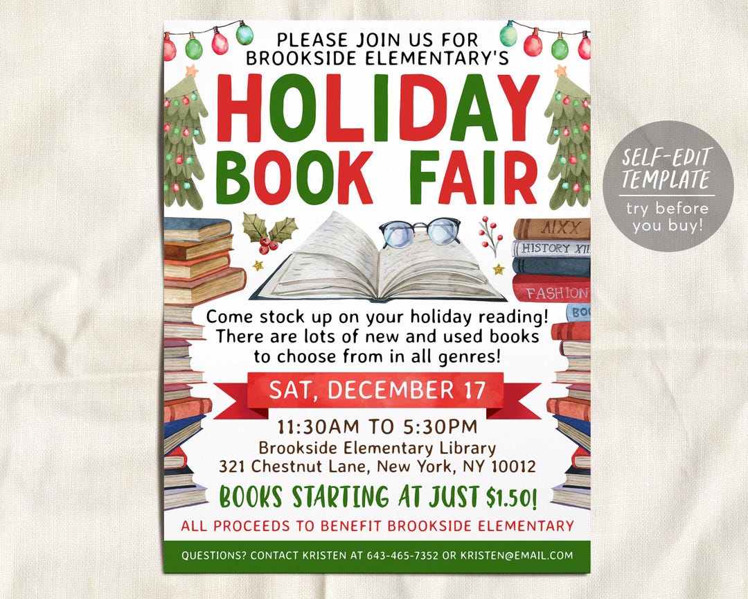 Holiday Book Fair Flyer Editable Template, Christmas Book Sale ...