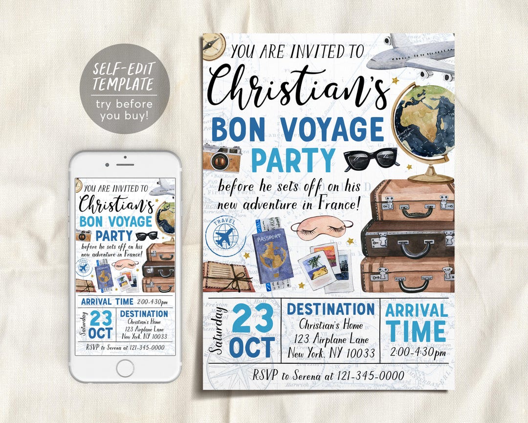 Bon Voyage Party Invitation Editable Template, Going Away Farewell ...