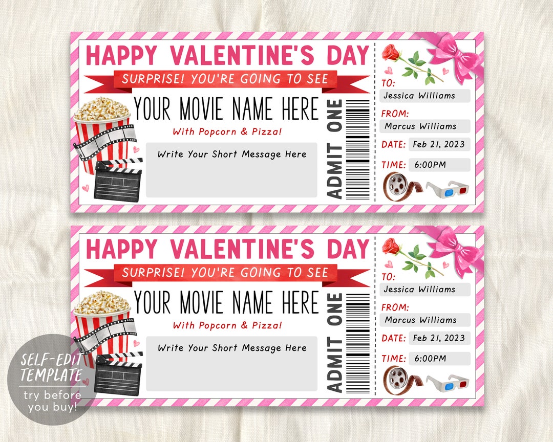Valentines Day Movie Ticket Invitation Editable Template, Movie Night ...