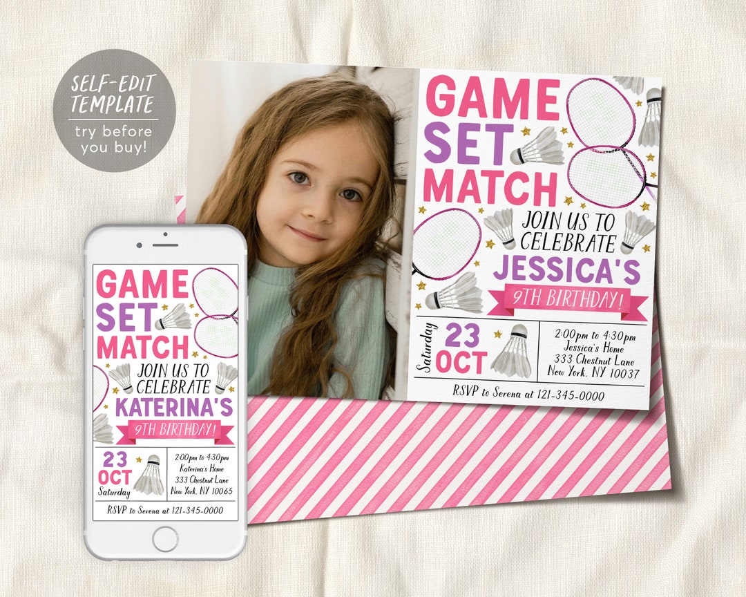 Badminton Birthday Invitation With Photo Editable Template, Girl ...