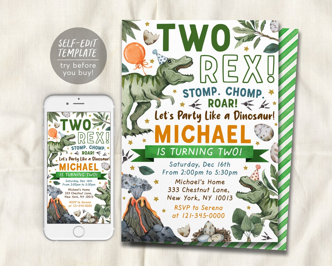 Two Rex Dinosaur Birthday Invitation Editable Template, T-rex Dino Boy ...