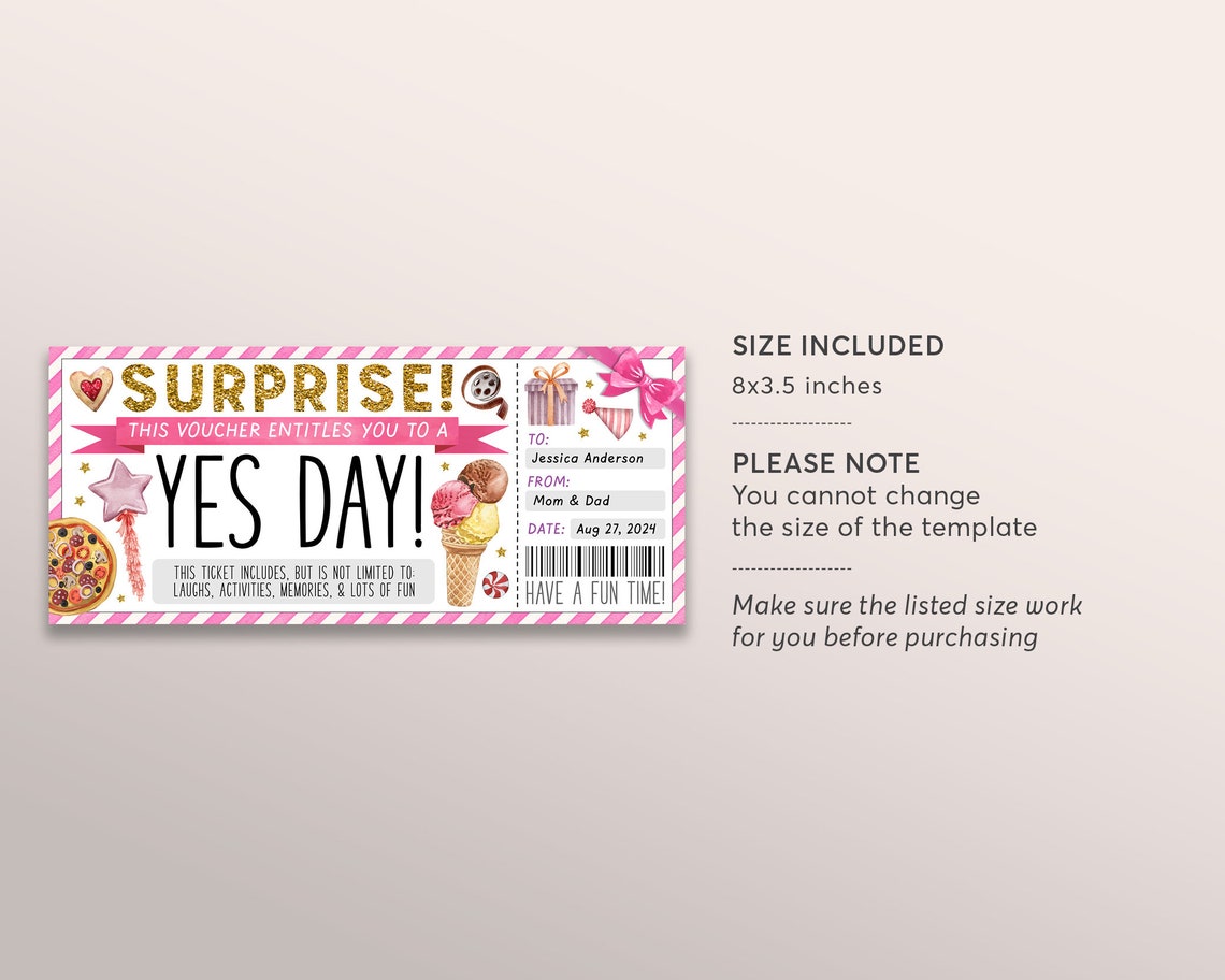 Yes Day Ticket Editable Template, Surprise Best Day Ever Gift ...