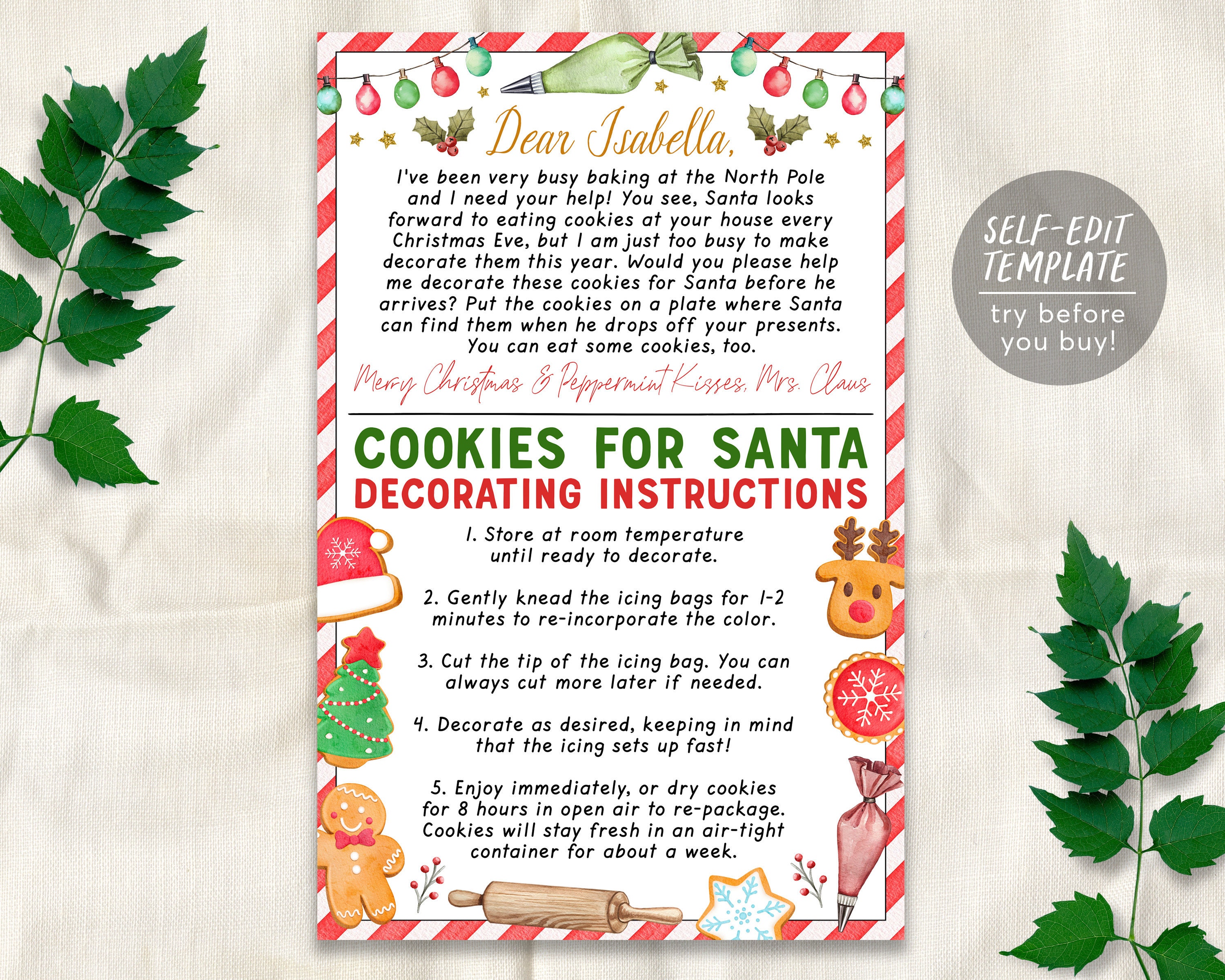 Letter From Mrs. Claus DIY Cookie Kit Instructions Card Editable ...