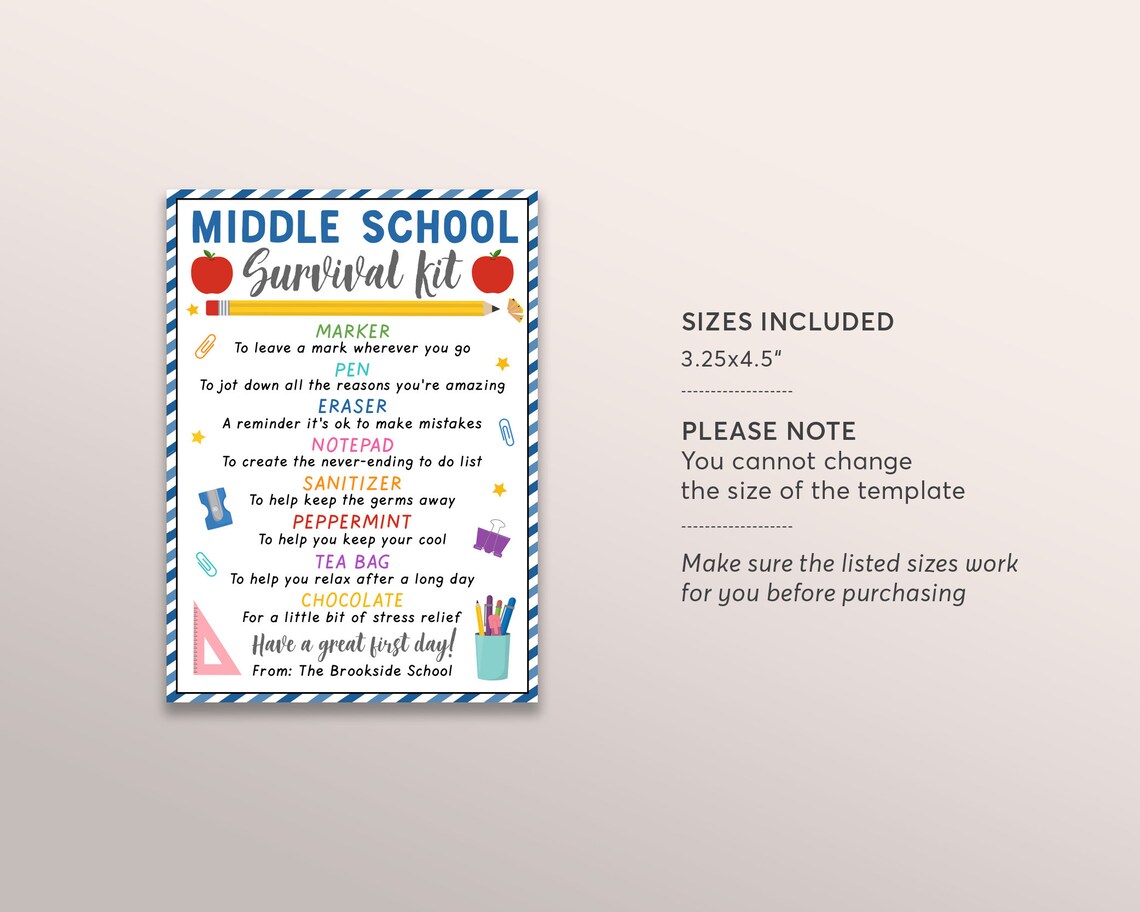Middle School Student Survival Kit Gift Tags Editable Template, Back to ...